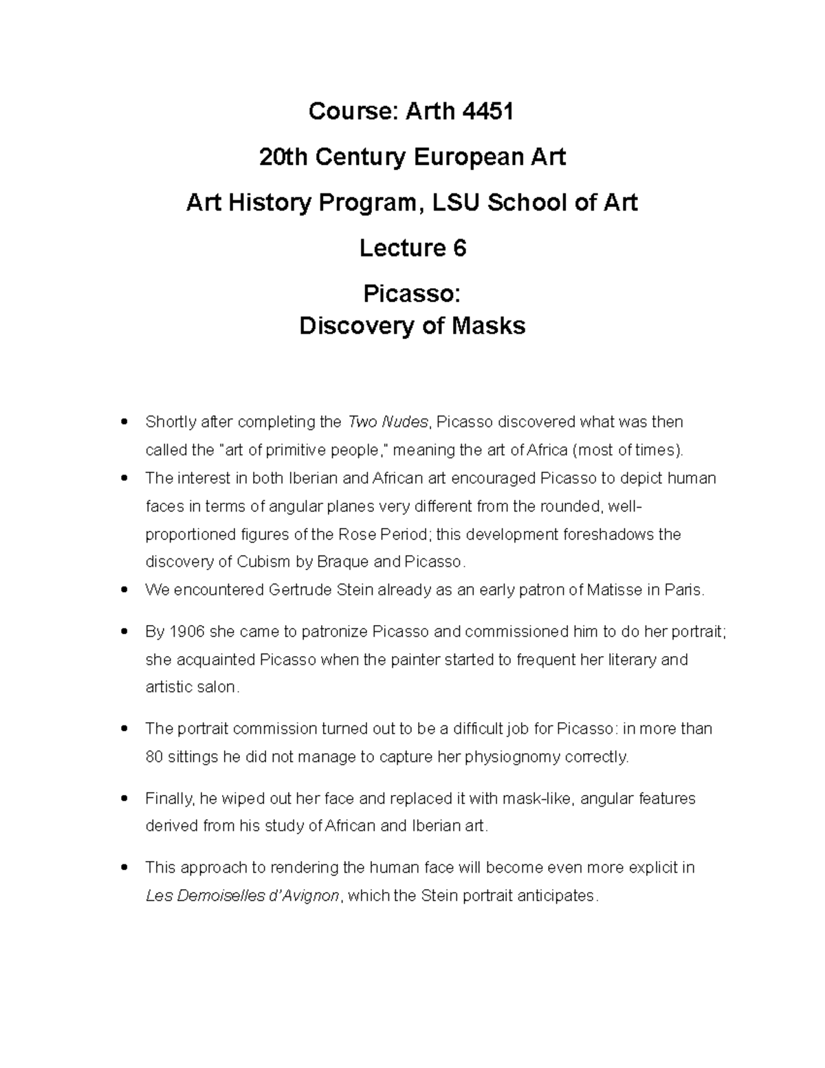 Picasso lecture 7 - Course: Arth 4451 20th Century European Art Art ...