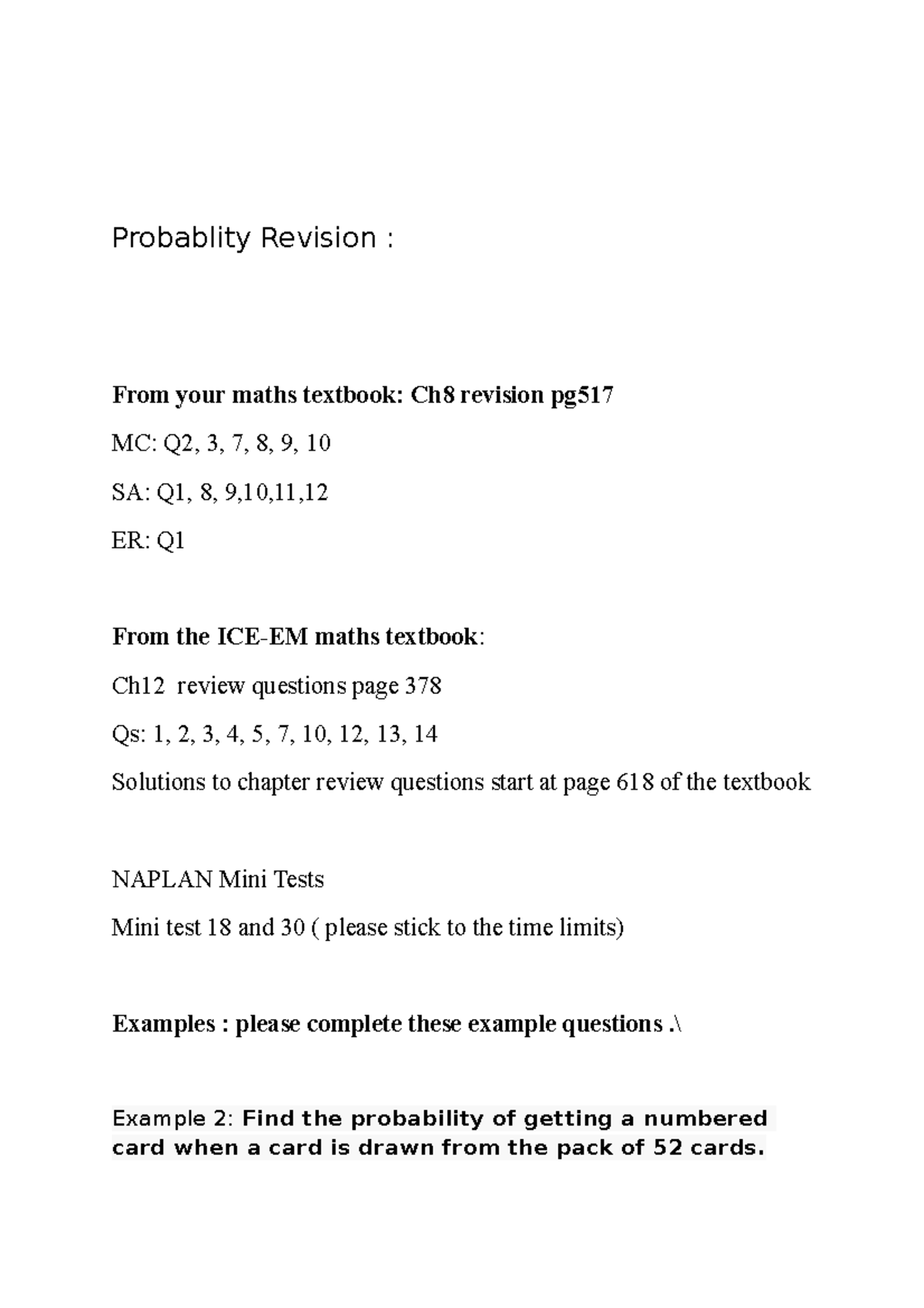 Probablity Revision Yr 9 and 8 questions - Probablity Revision : From ...