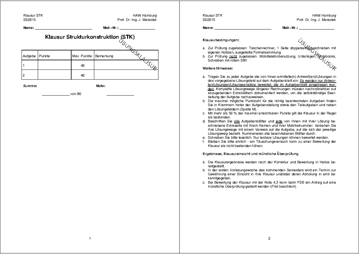 Probeklausur Sommersemester 2015, Fragen - Klausur STK SS2015 HAW Hamburg Prof. Dr.-Ing. J ...