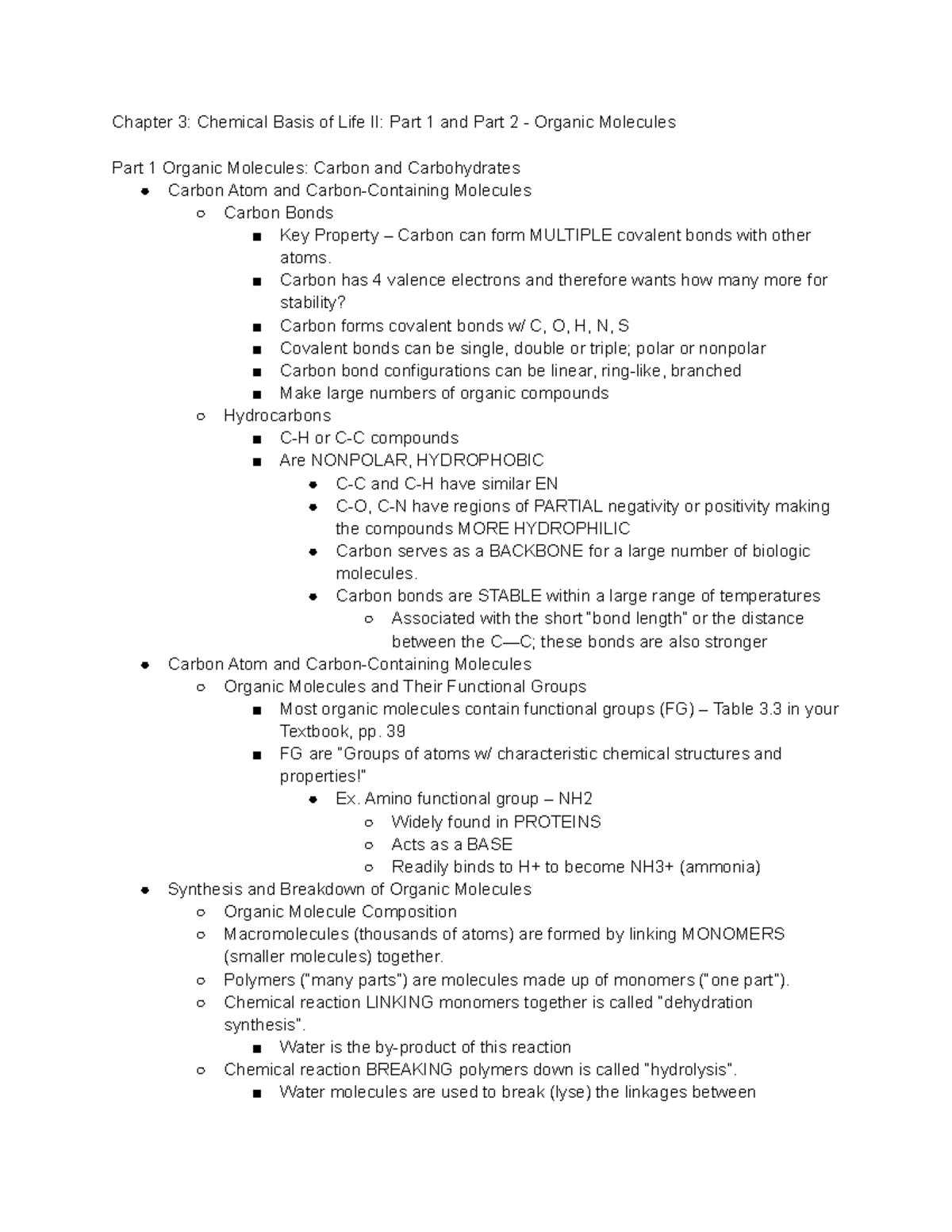 BIO 111 Chapter 3 Chemical Basis of Life II Part 1 and Part 2 - Organic ...