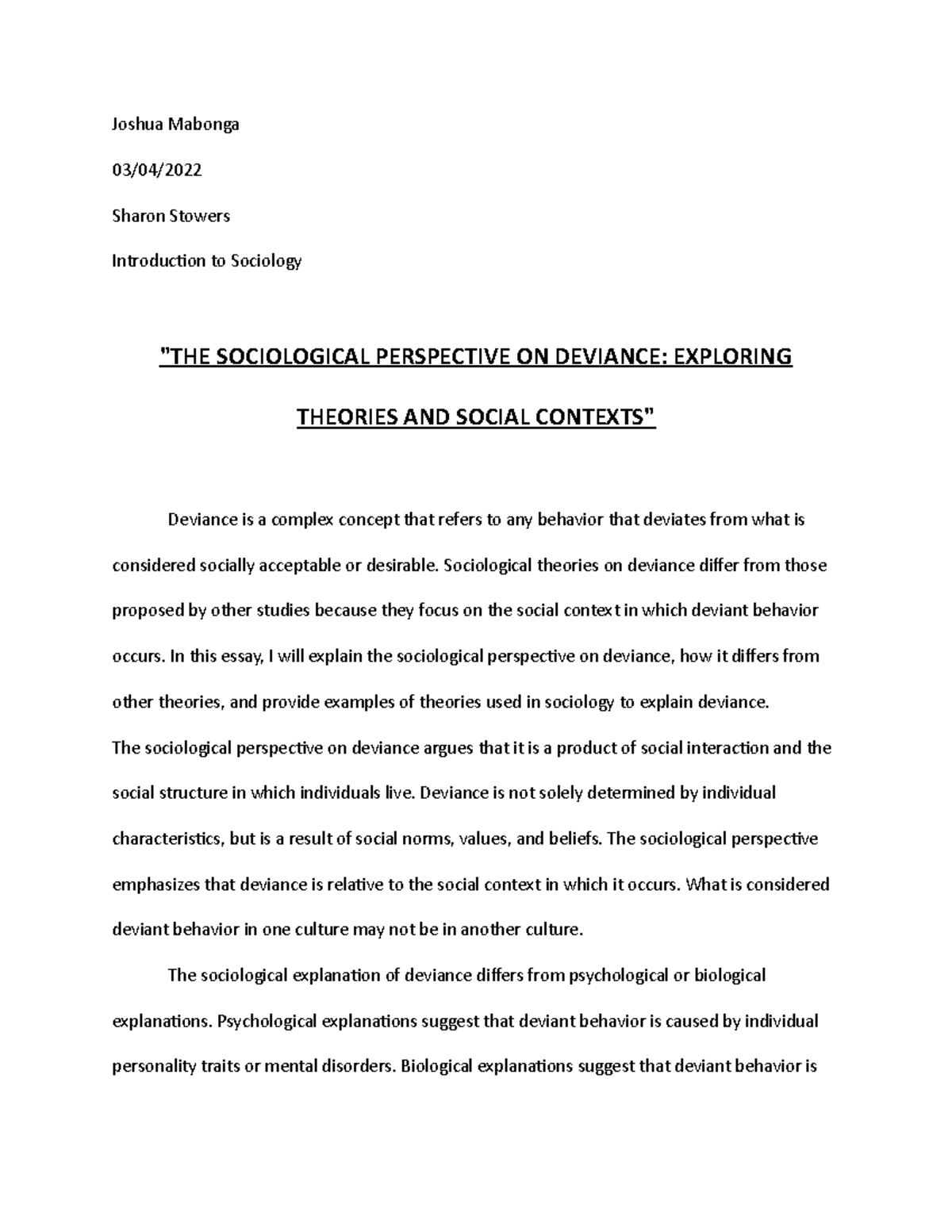 "THE SOCIOLOGICAL PERSPECTIVE ON DEVIANCE: EXPLORING THEORIES AND ...