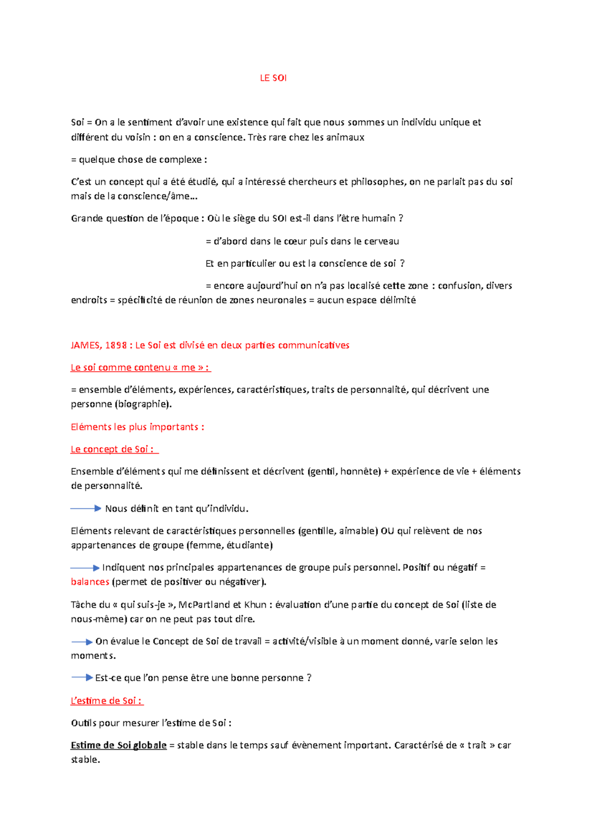 Le Soi - Notes de cours sur le soi de Sophie Berjot - LE SOI Soi = On a ...