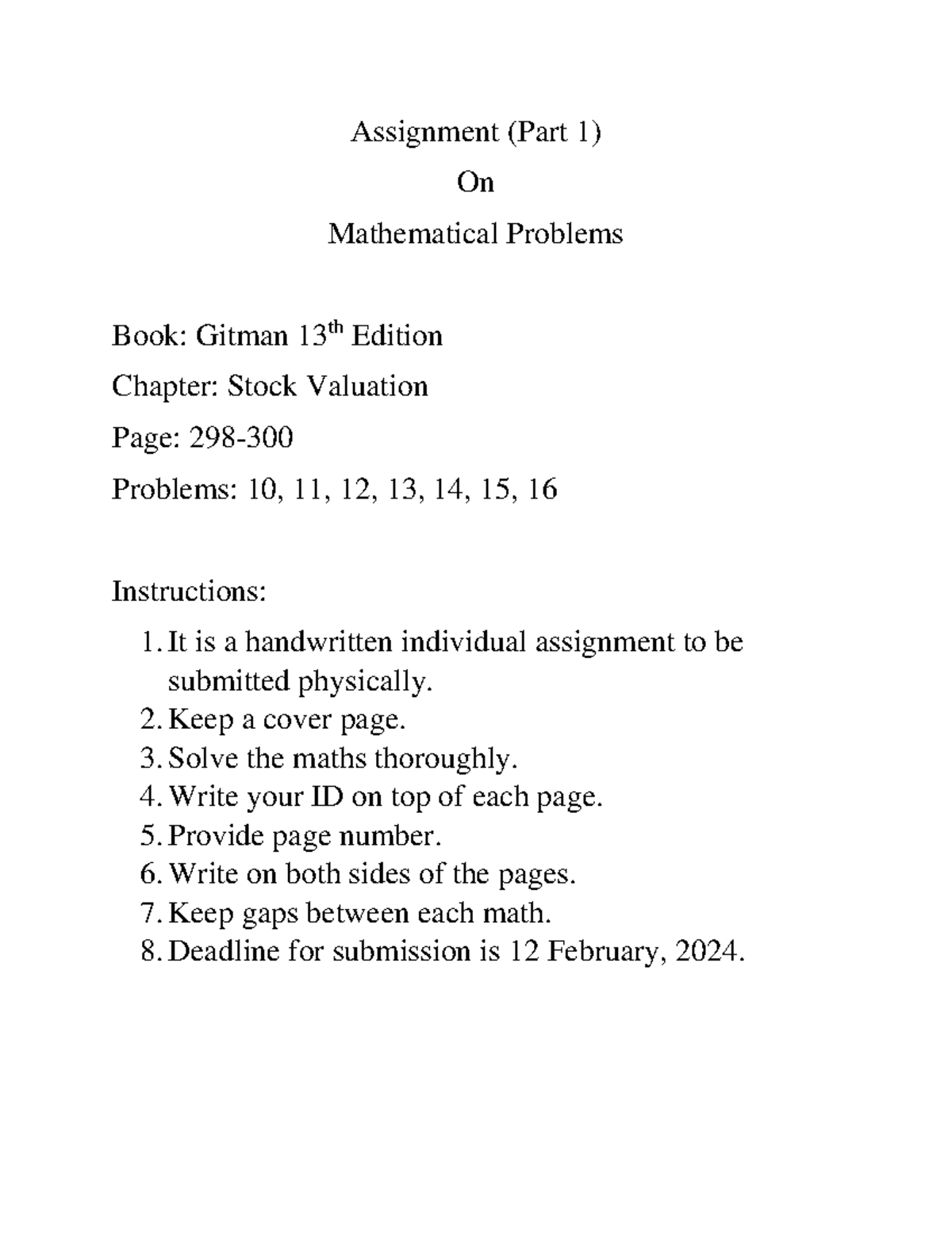 Assignment Part 1 - Financial Management - Keep a cover page. Solve the ...