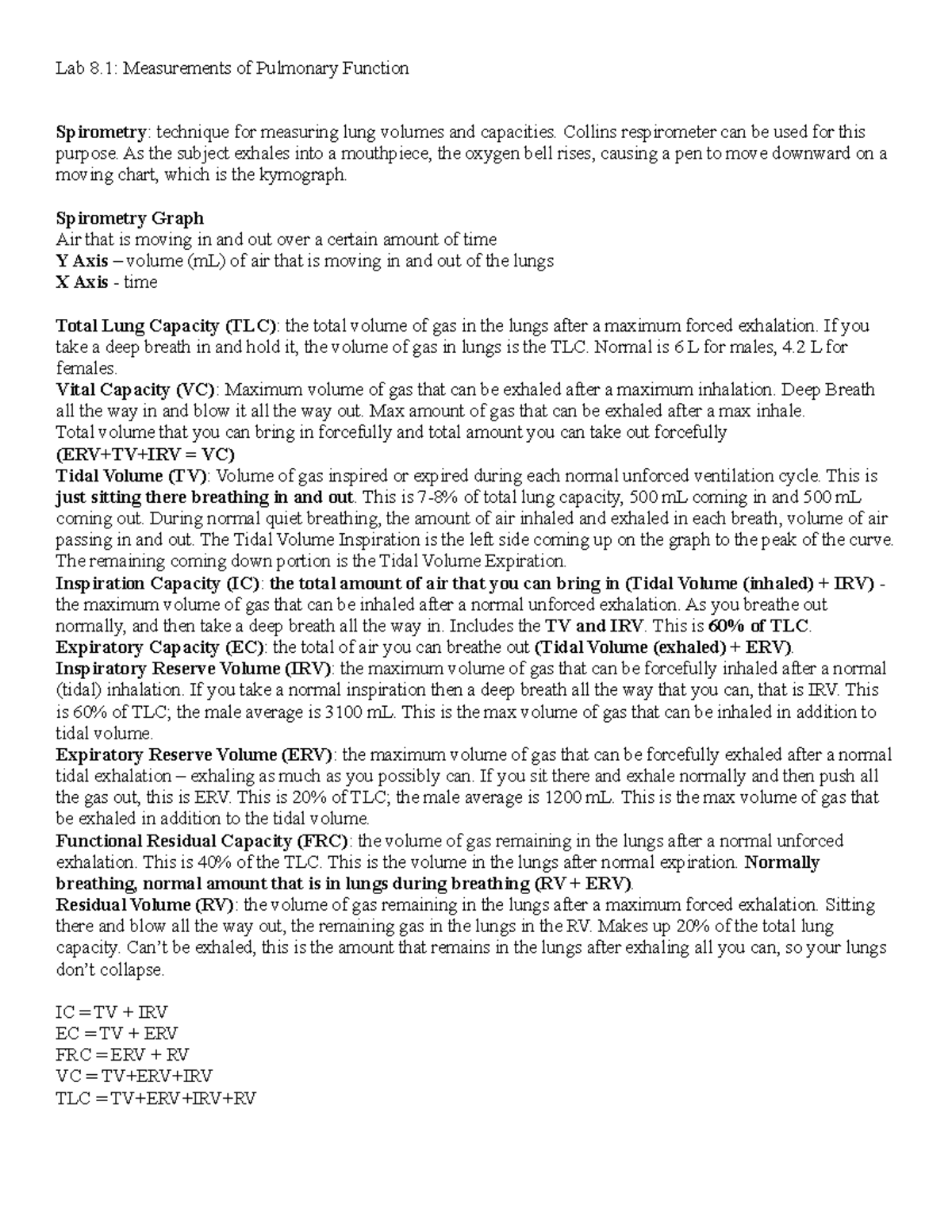 Lab Exam 3 - Exam Review - Lab 8: Measurements of Pulmonary Function ...