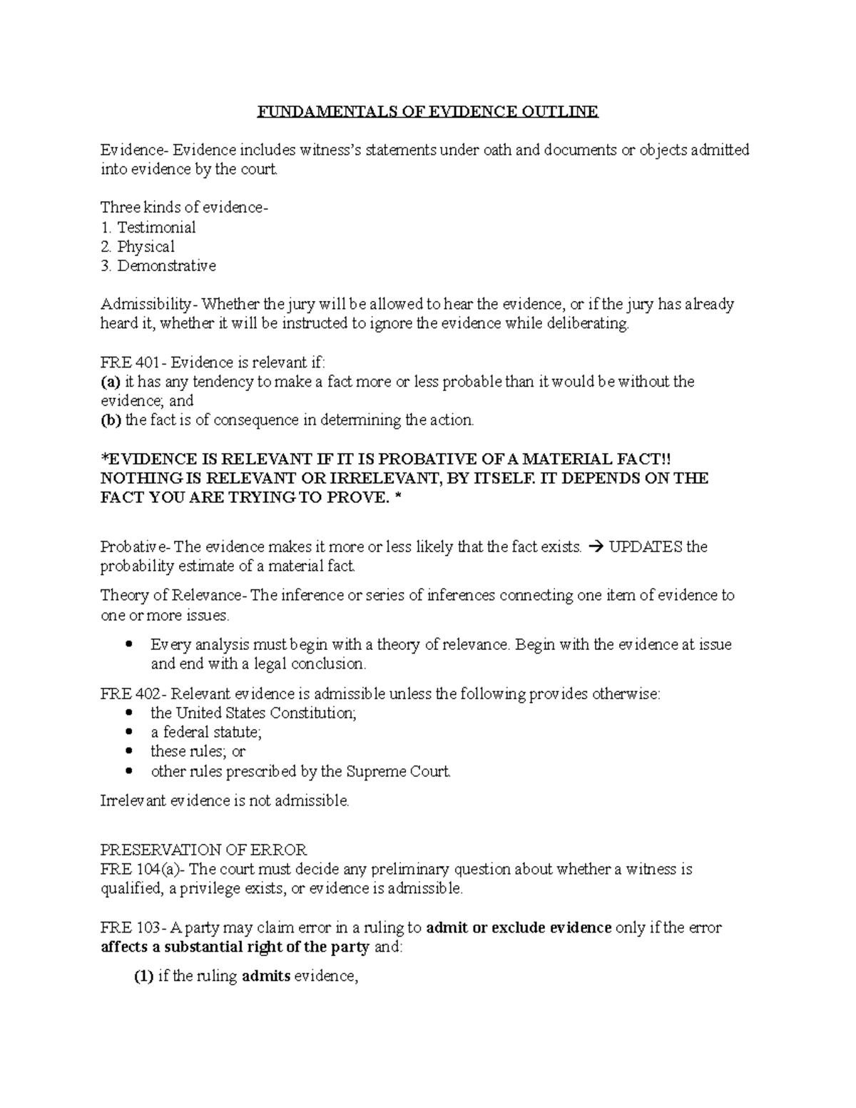 Evidence Outline - Lecture Notes - FUNDAMENTALS OF EVIDENCE OUTLINE ...