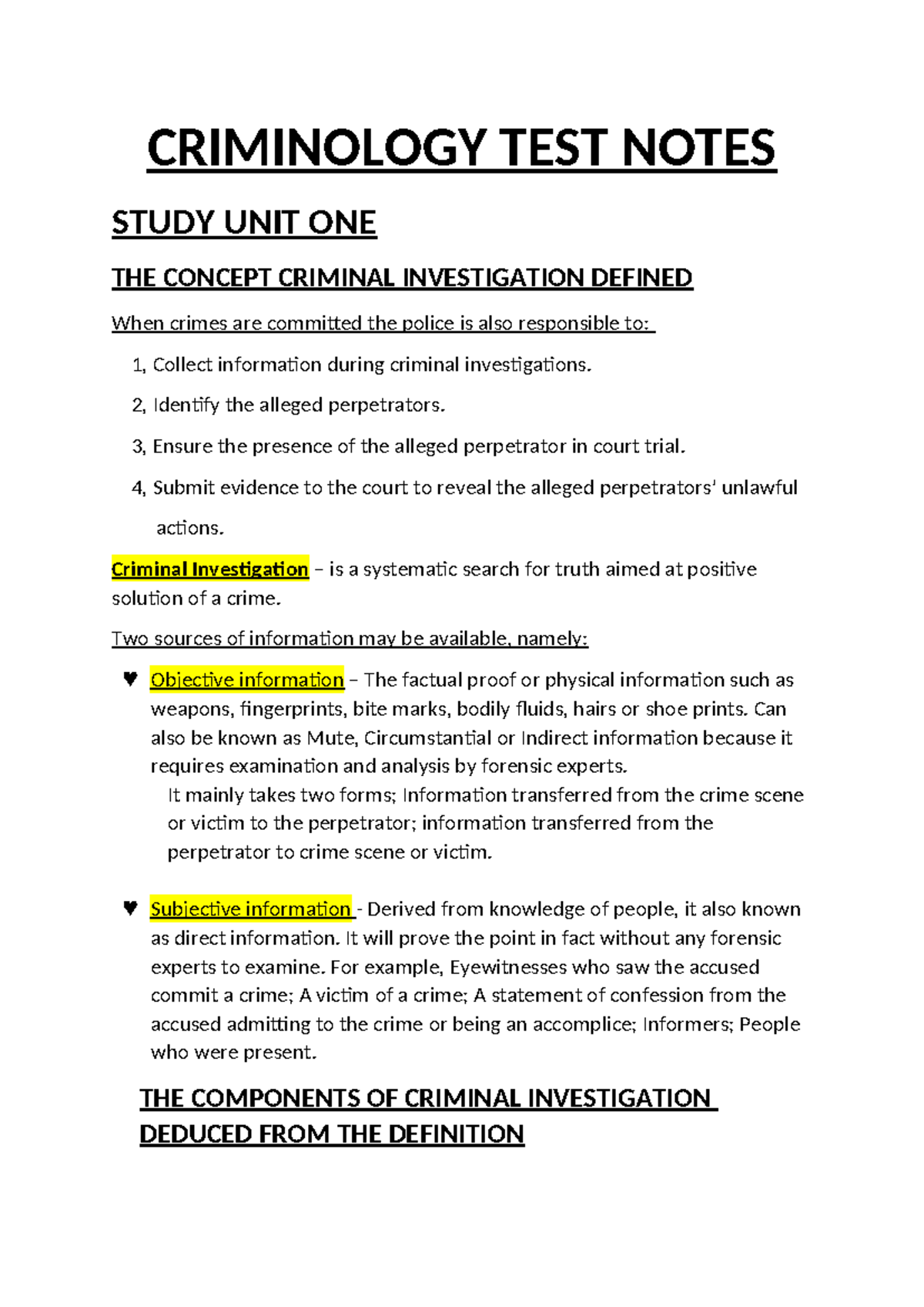 Criminology Notes - CRIMINOLOGY TEST NOTES STUDY UNIT ONE THE CONCEPT ...