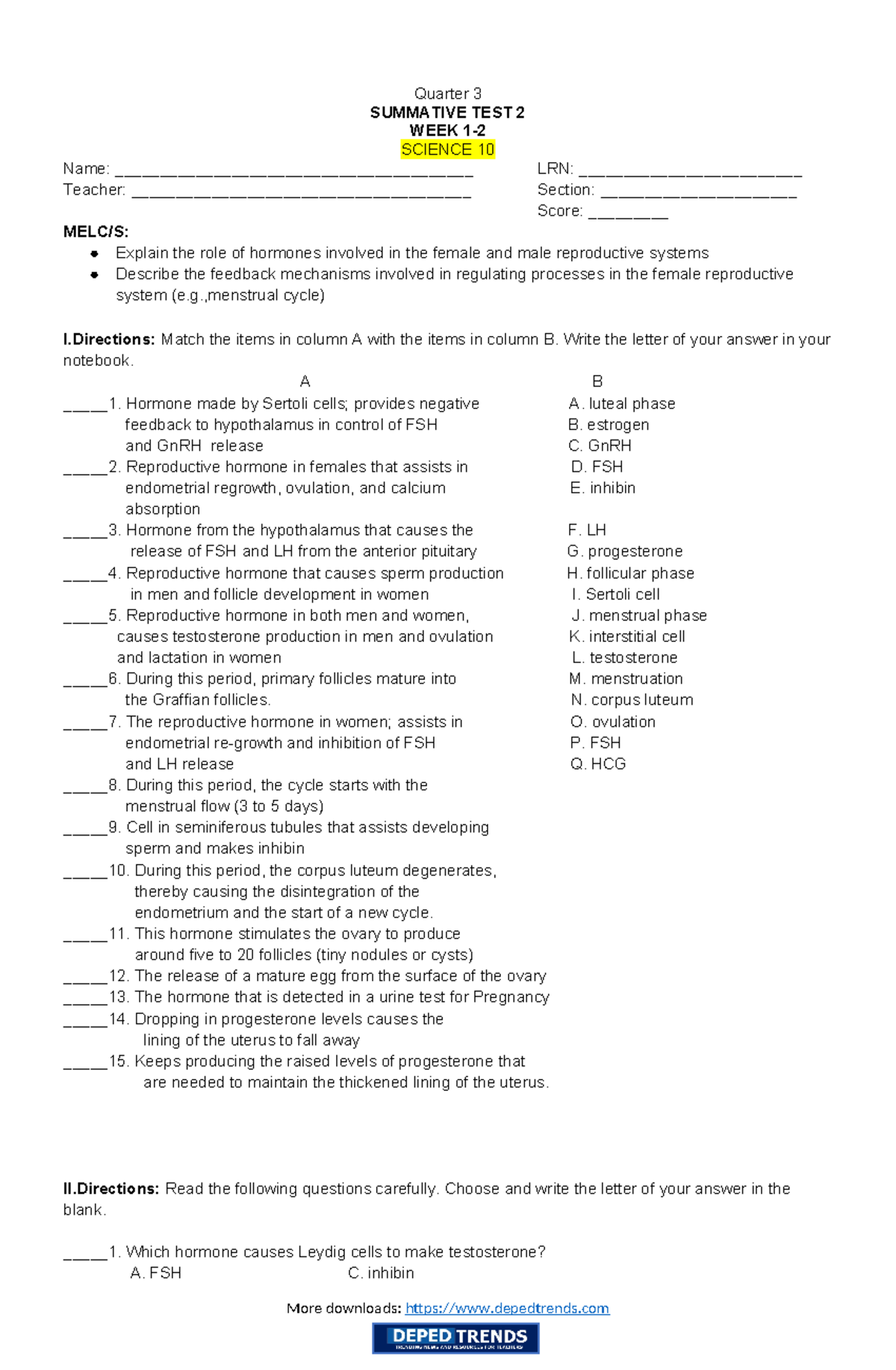 St SCI 10 wk1-2 - Quarter 3 SUMMATIVE TEST 2 WEEK 1- SCIENCE 10 Name ...