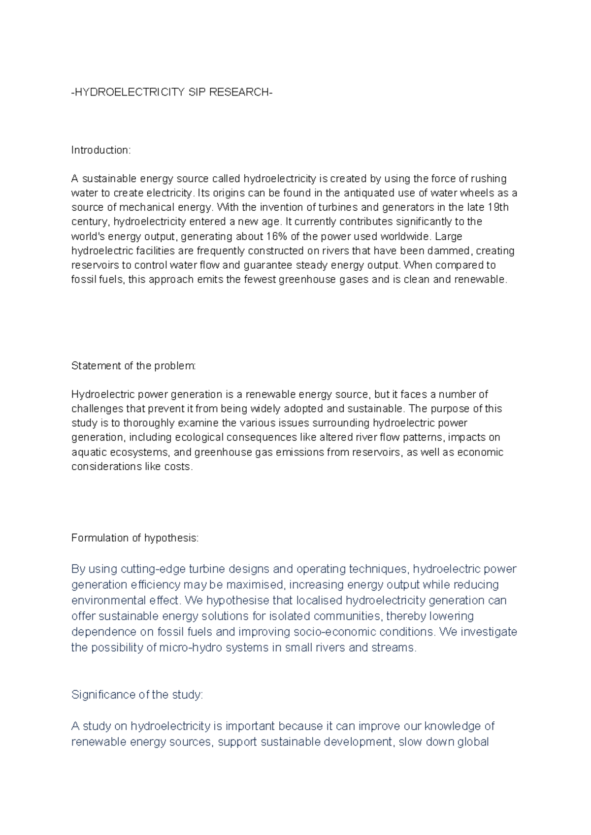 Hydroelectricity SIP Research -HYDROELECTRICITY SIP RESEARCH ...