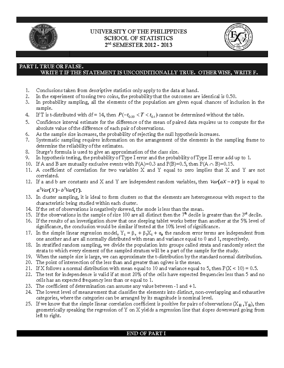 Sample EXAM - Introduction to Statistics - University of the ...
