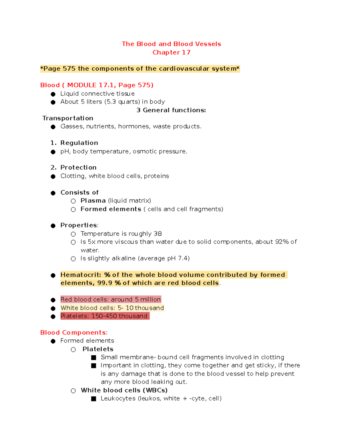 Blood and heart notes - The Blood and Blood Vessels Chapter 17 Page 575 ...