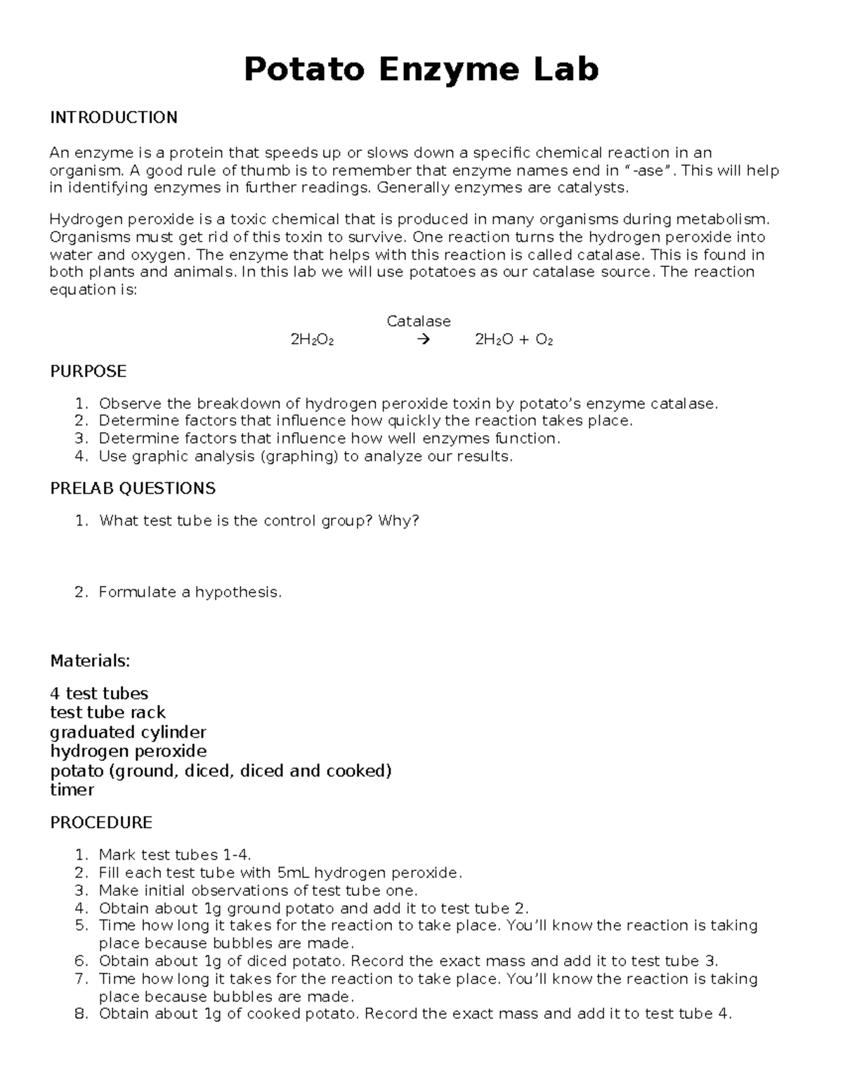 Potato Enzyme Lab - good - Potato Enzyme Lab INTRODUCTION An enzyme is a protein that speeds up ...