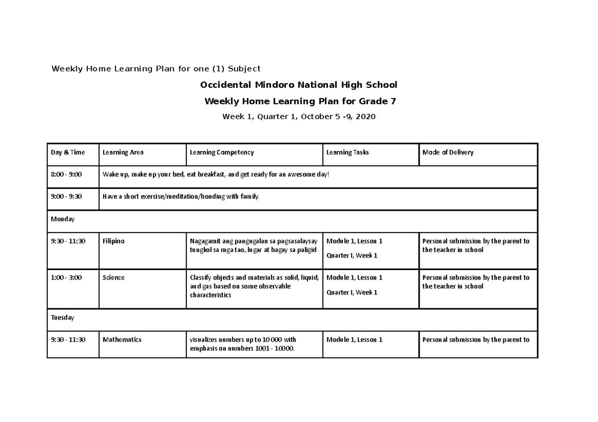3A.4 Weekly-Home-Learning-Plan-for-one-1-subject- Sample ONLY - Weekly ...