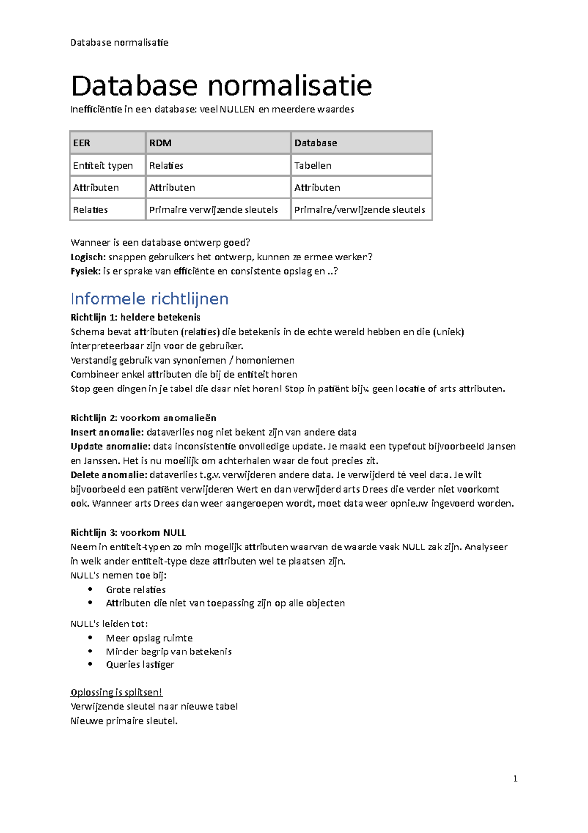 Samenvatting Database normalisatie - Database normalisatie Database ...