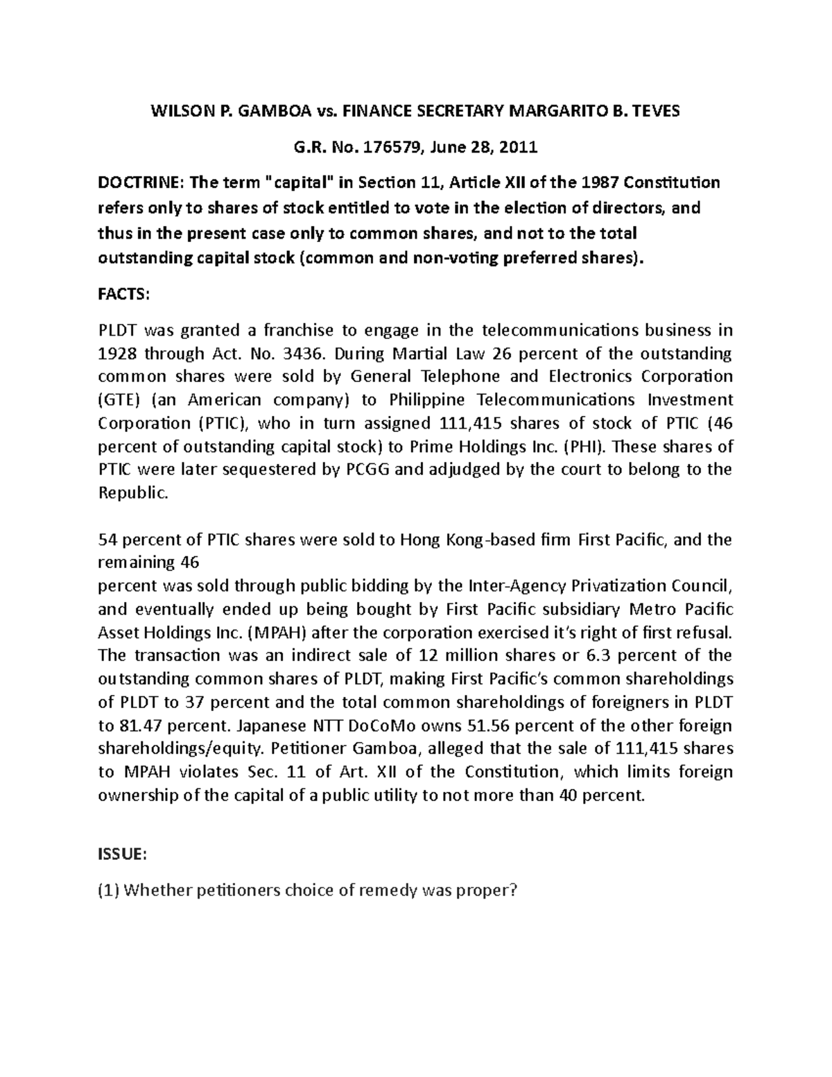 COL Cases - CASE DIGESTS - WILSON P. GAMBOA vs. FINANCE SECRETARY ...