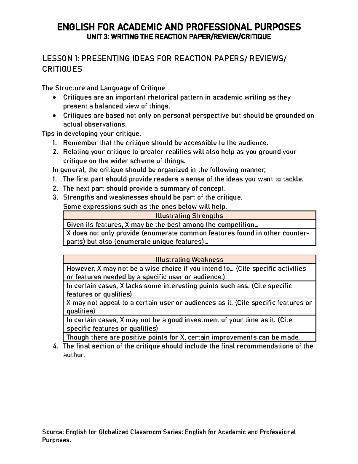 EAPP UNIT 3 - ENGLISH FOR ACADEMIC AND PROFESSIONAL PURPOSES UNIT 3 : WRITING THE REACTION - Studocu