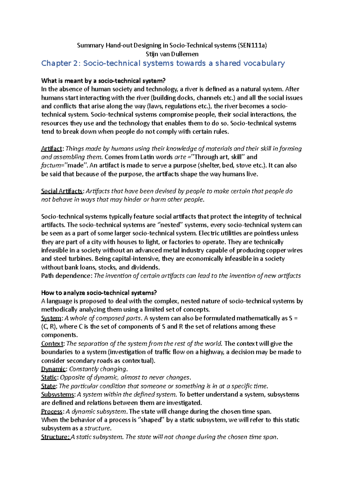 Summary Hand-out SEN111 - Summary Hand-out Designing in Socio-Technical ...