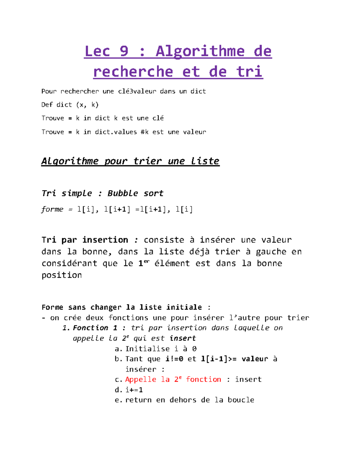 Lec 9 - lectures - Lec 9 : Algorithme de recherche et de tri Pour rechercher une clé3valeur dans ...