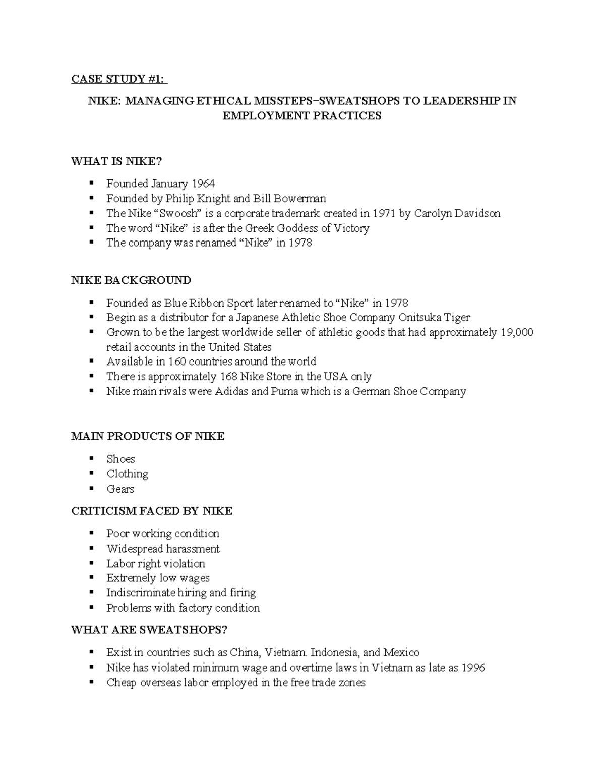 case analysis PONCIANO RETAILING COMPANY - CASE STUDY #1: NIKE ...