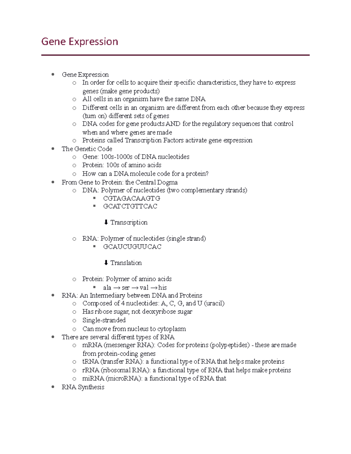 Gene Expression - The genetic code, the central dogma, RNA types, RNA ...