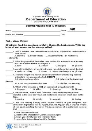 Fourth Periodical Test in Mathematics - Choose the letter of the ...