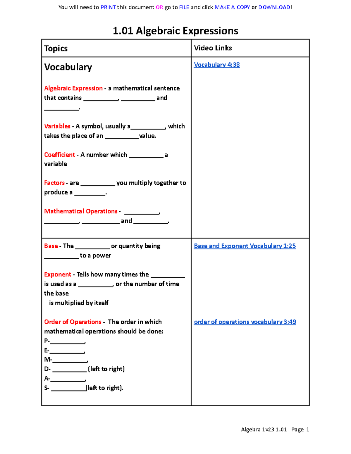 Algebraic Expressions Topics and Practice Questions - Studocu