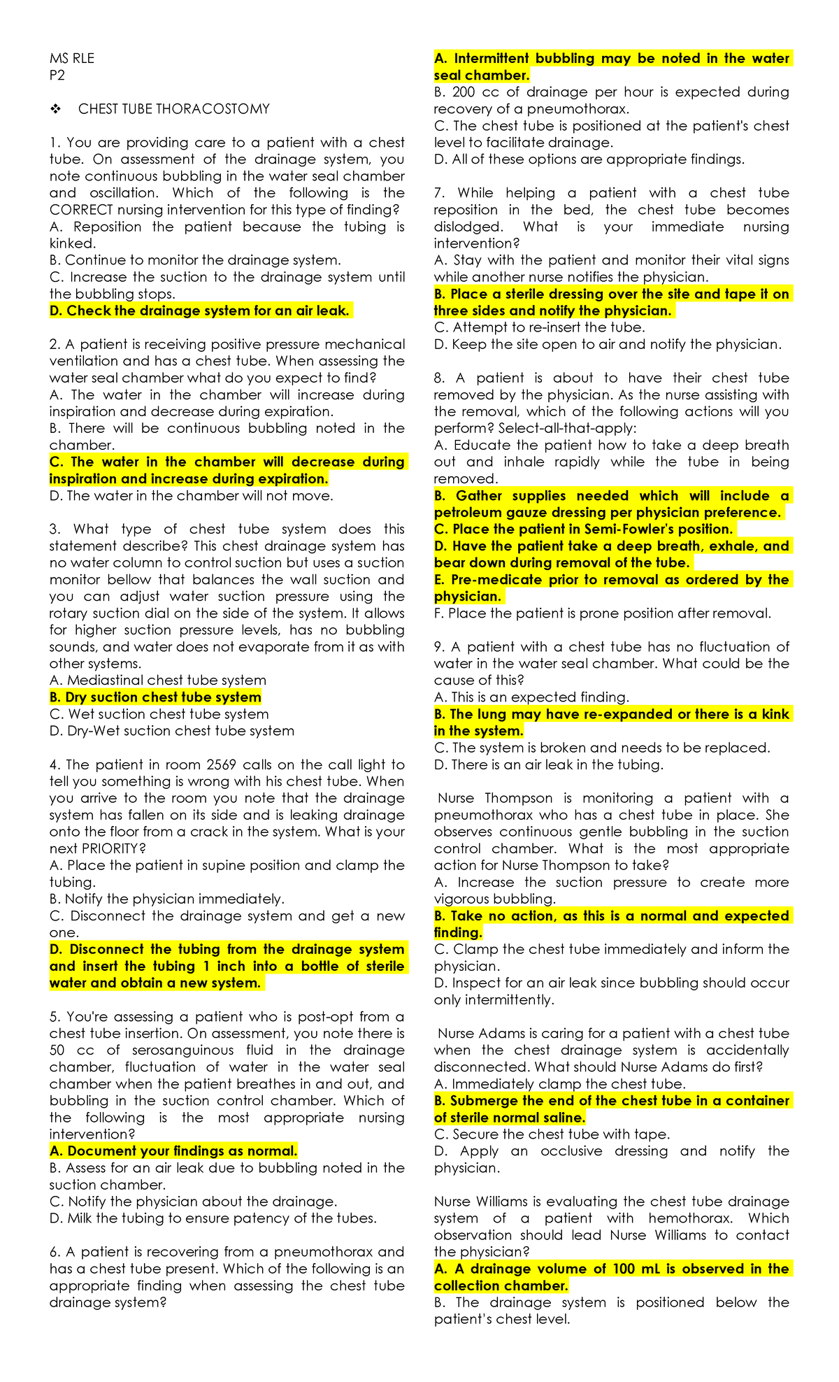 P2 - MS RLE - Practice Questions - MS RLE P CHEST TUBE THORACOSTOMY You ...