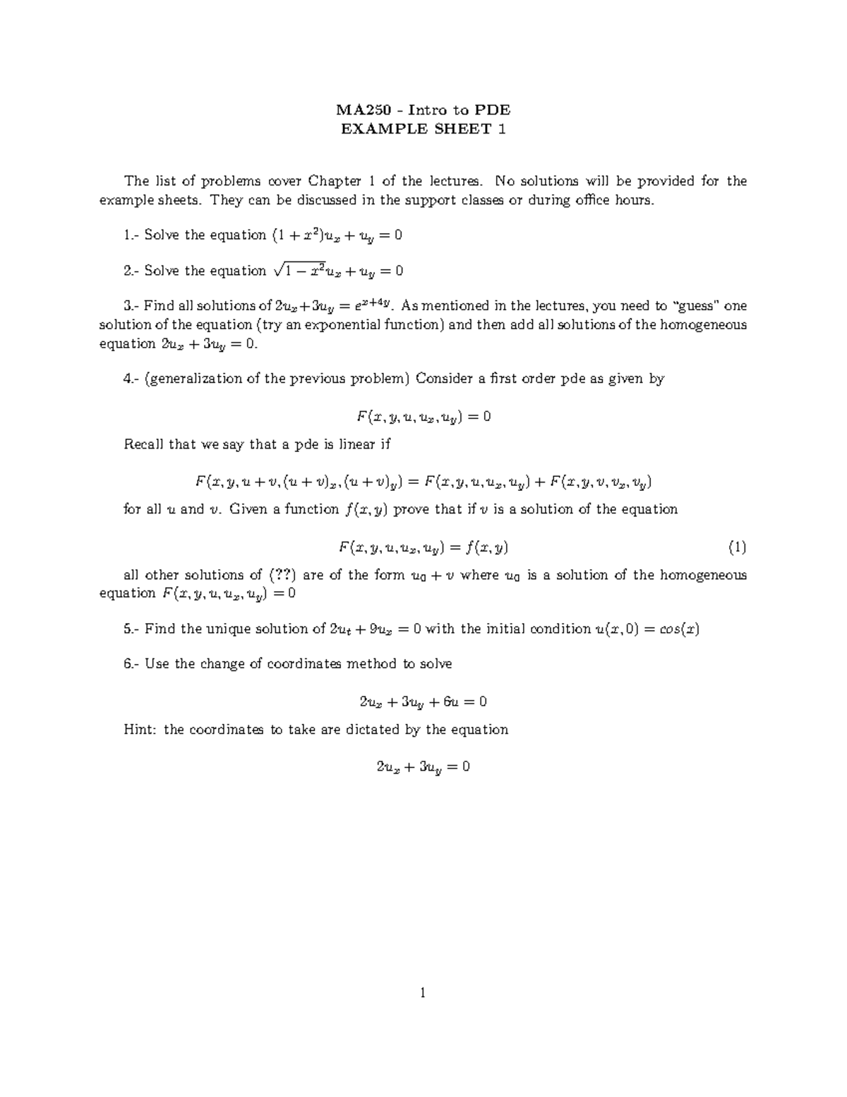 ma250-2010-2011-problem-sheet-1-ma250-intro-to-pde-example-sheet-1