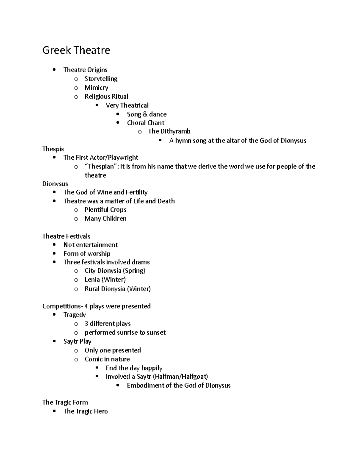 Greek Theatre - Lecture notes 3 - Greek Theatre Theatre Origins o ...