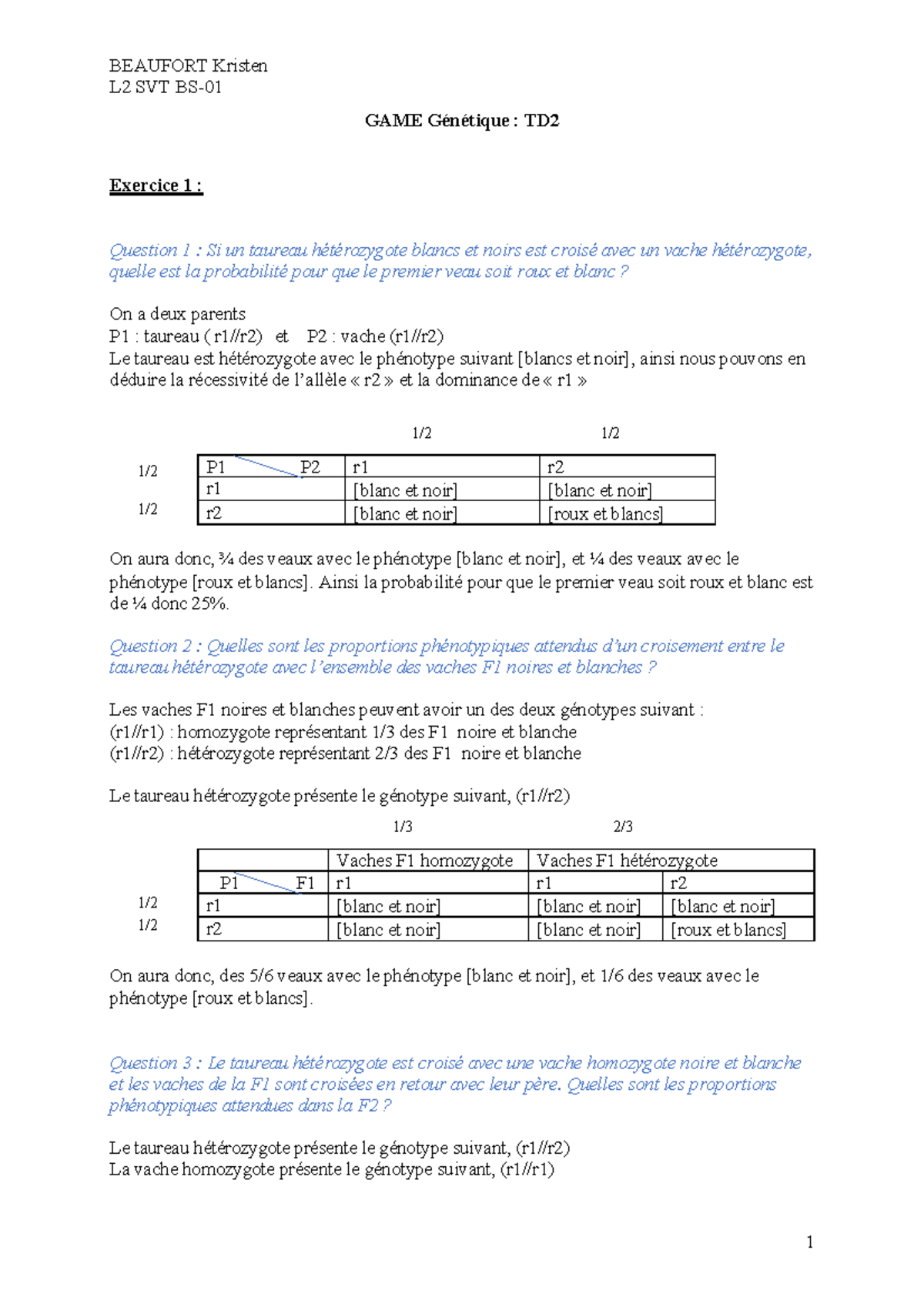 Exercice 1 TD2 GAME - BEAUFORT Kristen L2 SVT BS- 1 GAME Génétique : TD Exercice 1 : Question 1 ...