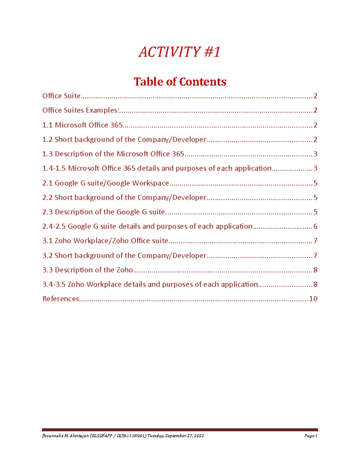 Activity 1 - Alentajan, Jhoannaliz M - ACTIVITY Table of Contents ...