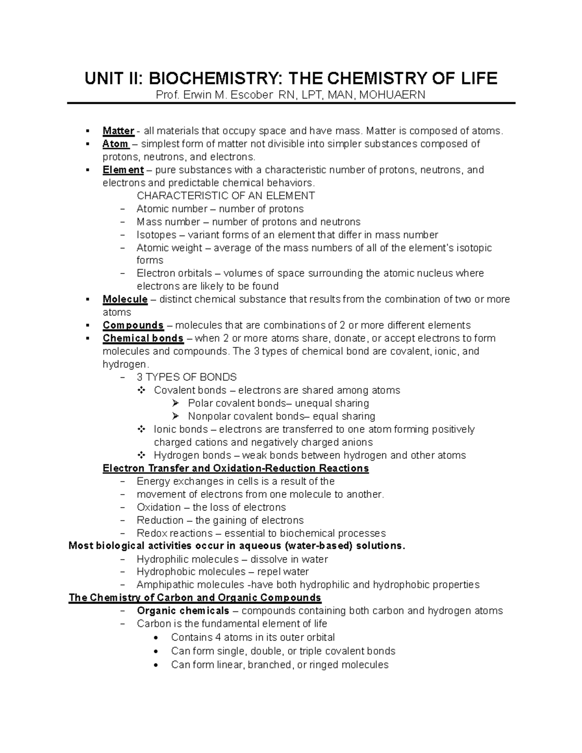 UNIT II Biochemistry OF LIFE - UNIT II: BIOCHEMISTRY: THE CHEMISTRY OF ...