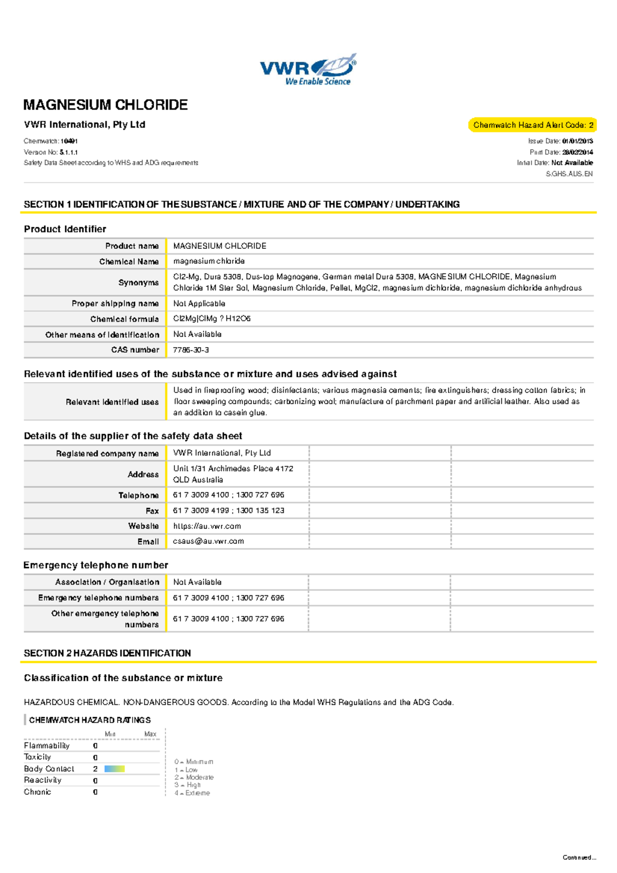 Magnesium chloride 7786-30-3 MSDS - VWR International, Pty Ltd ...