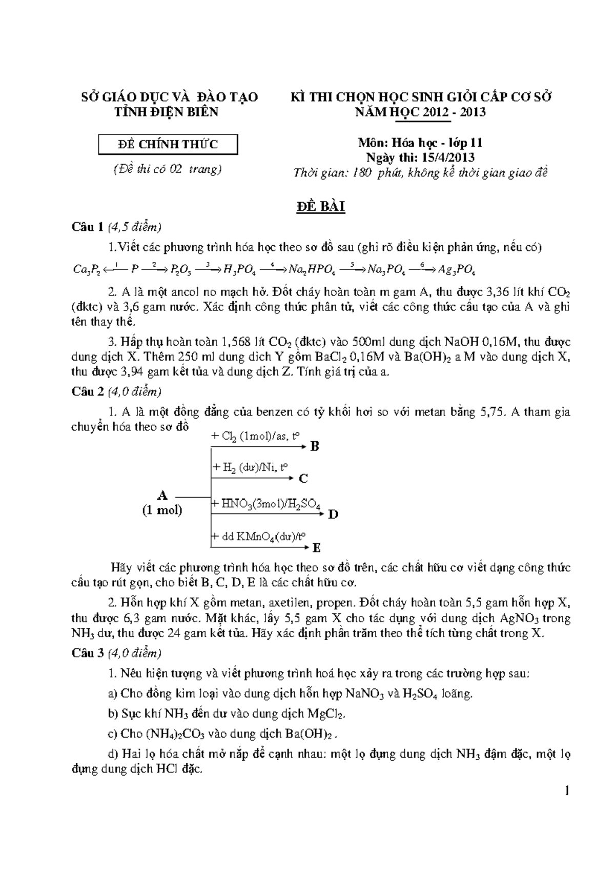 35 de thi HSG 11 - hii - SỞ GIÁO DỤC VÀ ĐÀO TẠO TỈNH ĐIỆN BIÊN ĐỀ CHÍNH THỨC (Đề thi có 02 trang ...