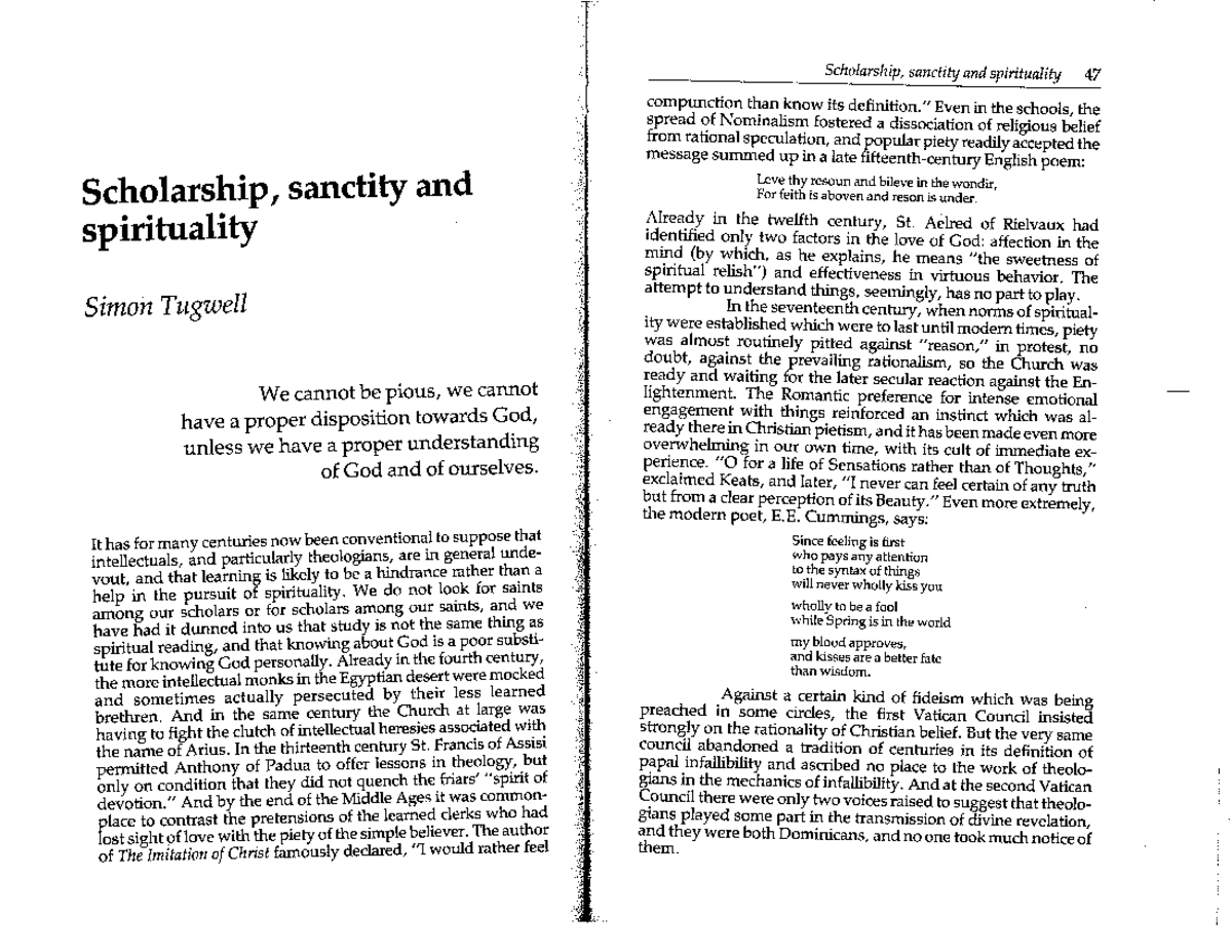 Tugwell-Scholarship Sanctity and Spirituality - T/RS 122 - Studocu