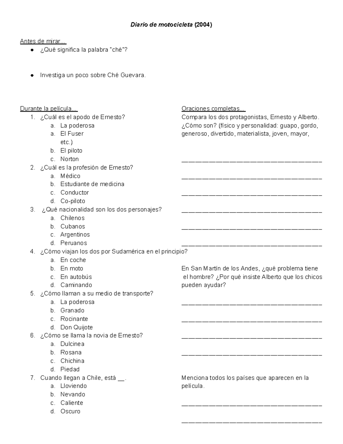Motorcycle Diaries Handout Spanish Diariodemotocicletaactividades-1 ...