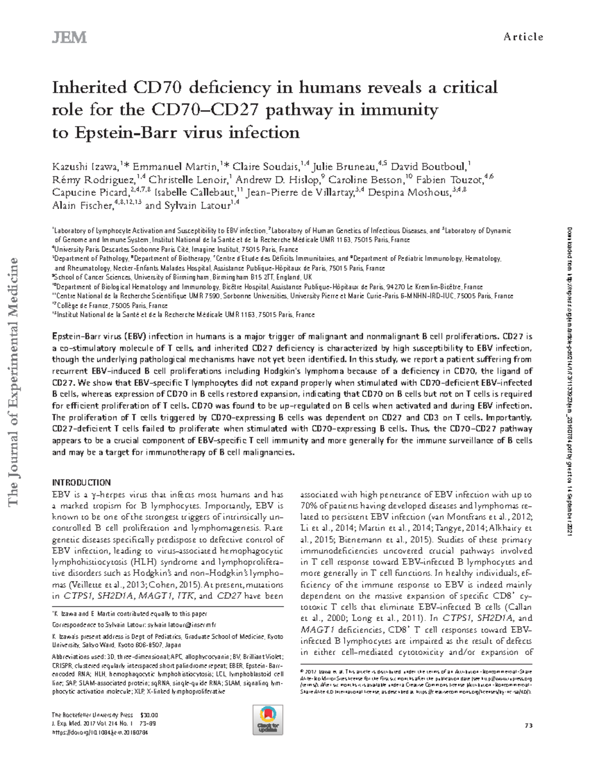 Inherited CD70 deficiency in humans reveals a critical role for the ...