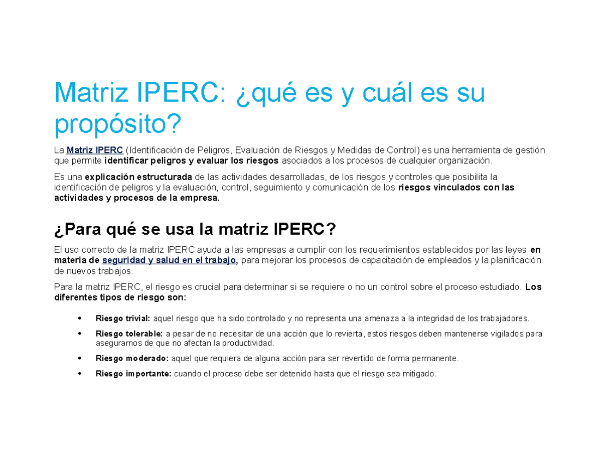 Matriz Iperc - Apuntes 1 - Matriz IPERC: ¿qué es y cuál es su propósito ...