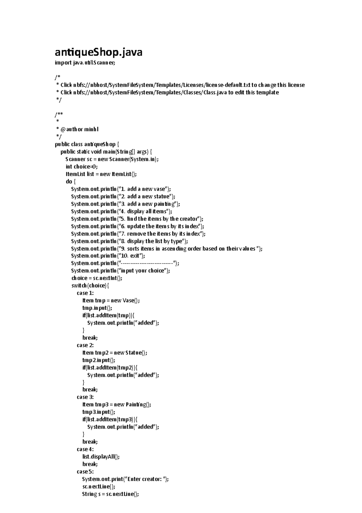 Antique Shop - The basic of class in JV - antiqueShop import java.util; /* * Click - Studocu