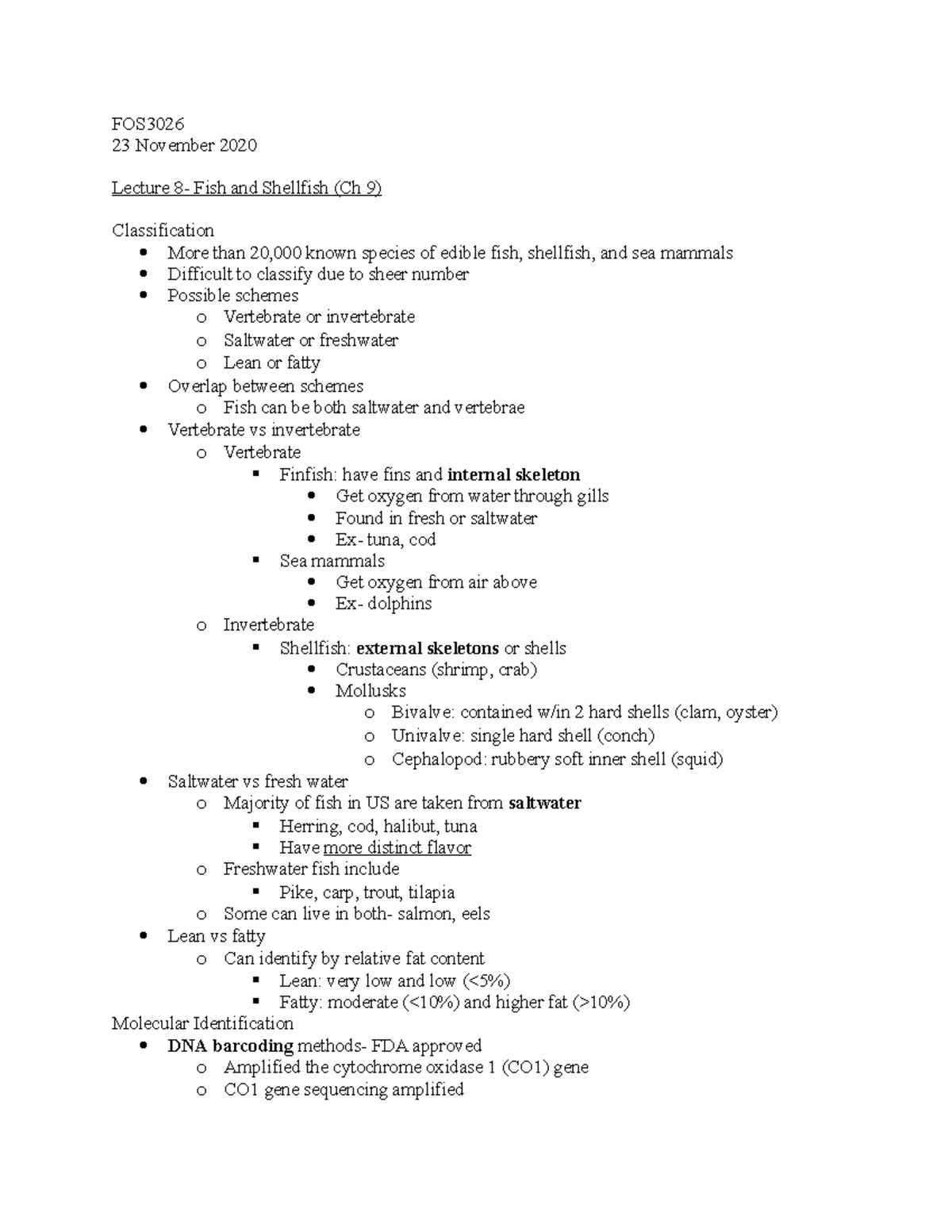 Shellfish - Lecture notes 8 - FOS 23 November 2020 Lecture 8- Fish and ...