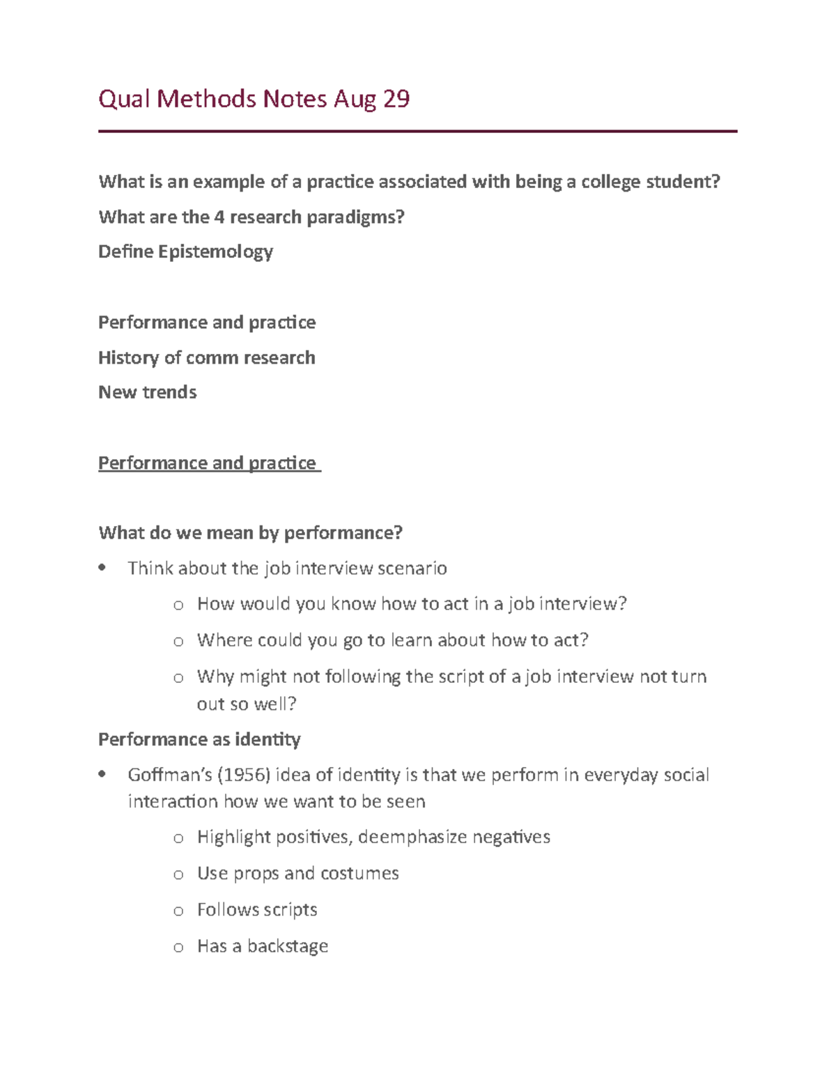 Qual Notes Aug 29 31 Performance And Practice History Of Comm Research New Trends Qual