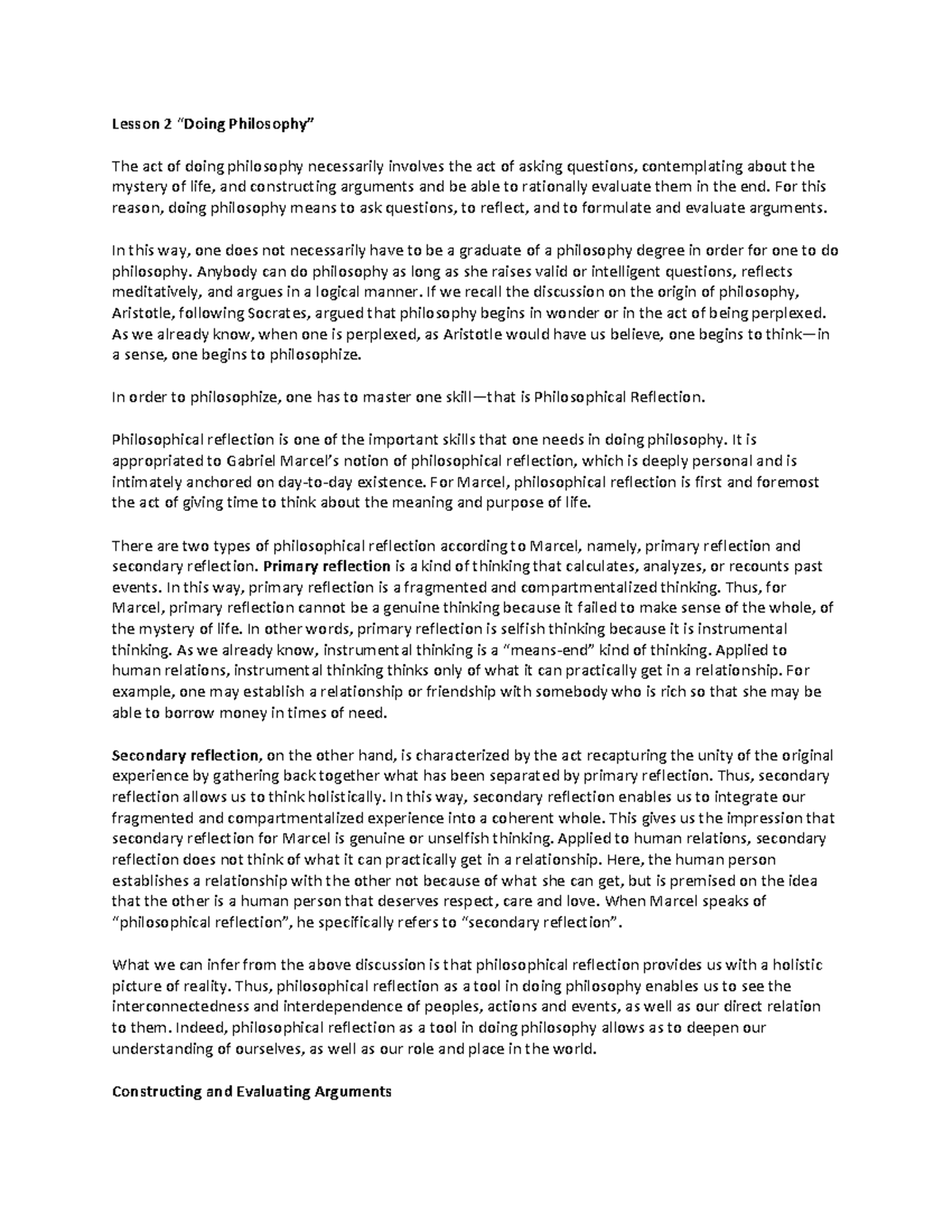 Lesson 2 Doing Philo - Lesson 2 “Doing Philosophy” The act of doing ...