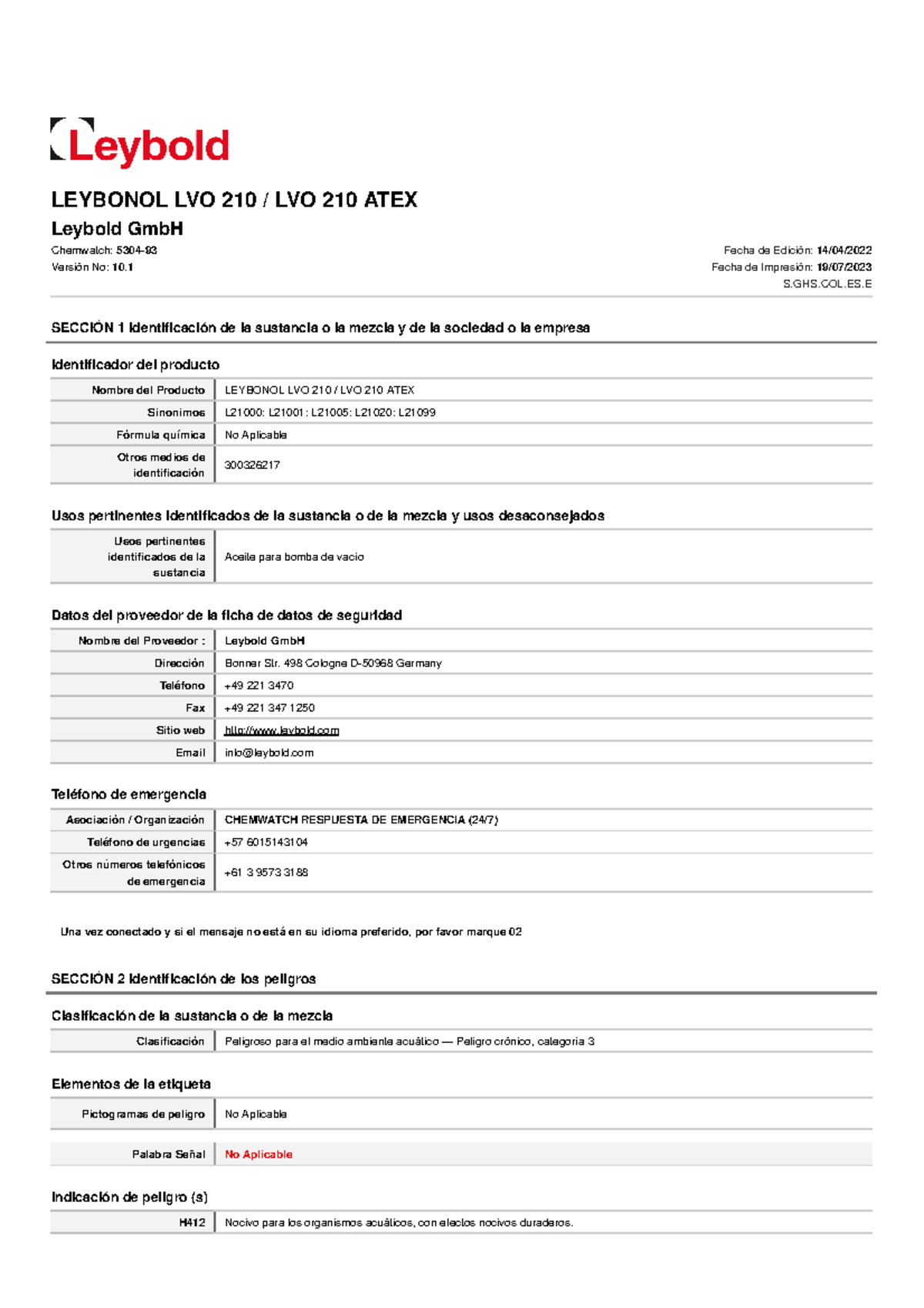 FDS Leybonol LVO 210-I - LEYBONOL LVO 210 / LVO 210 ATEX Leybold GmbH Chemwatch: 5304- Versión ...