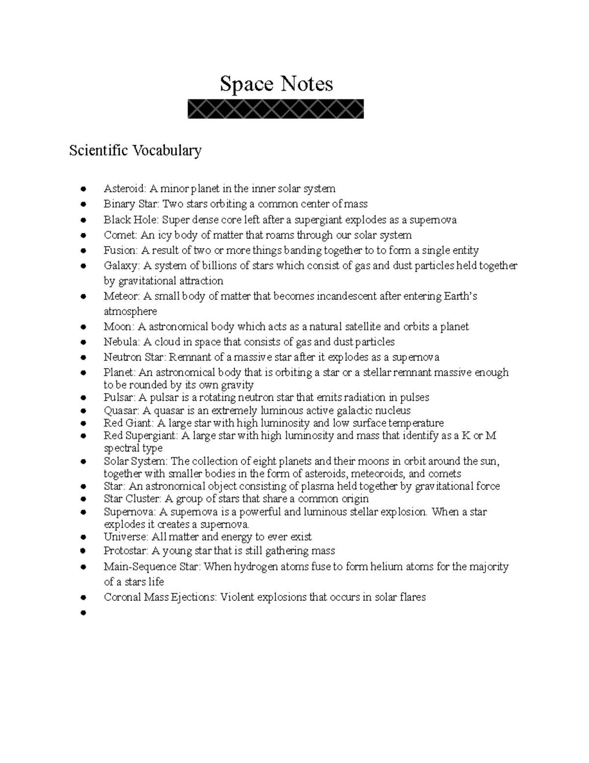 Space Test Notes - Space Notes Scientific Vocabulary Asteroid: A minor ...