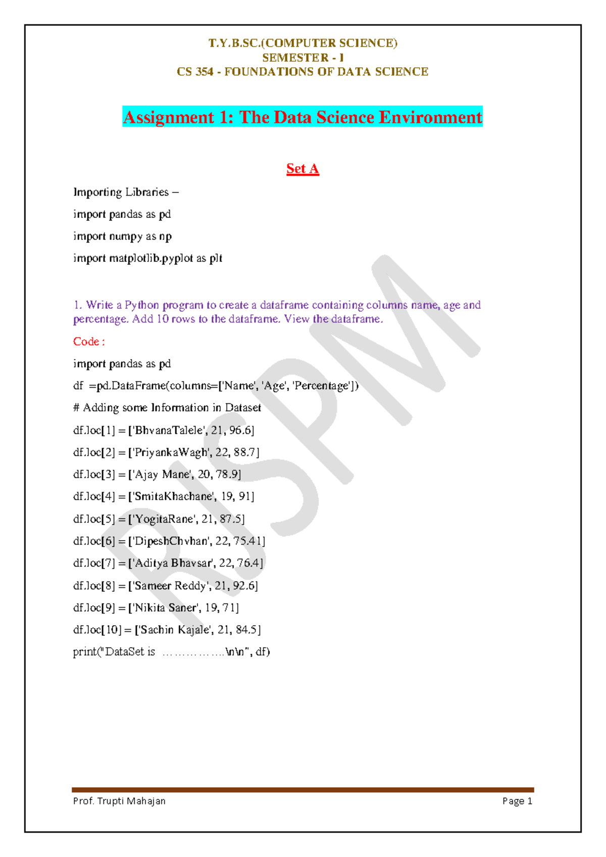 FDS Practical Assignment 1 - SEMESTER - I CS 354 - FOUNDATIONS OF DATA SCIENCE Assignment 1: The ...
