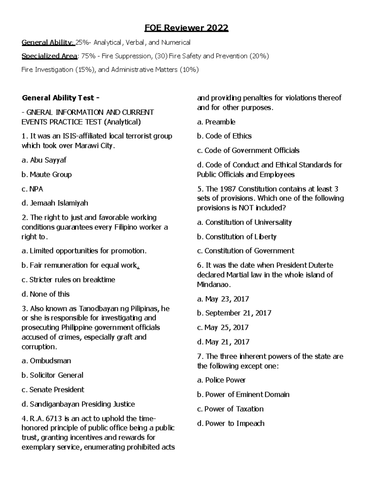 I-FOE Reviewer -Sy 2022 - FOE Reviewer 2022 General Ability: 25% ...