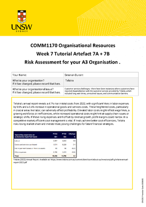 week 7 artefact worksheet for tutorial - COMM1170 Organisational Resources Week 7 Tutorial ...