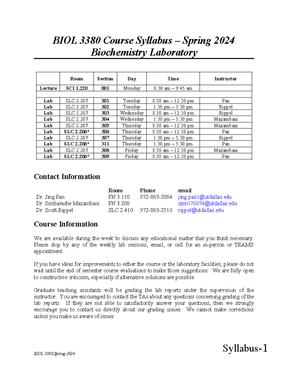 BIOL3380 S24 Syllabus - Syllabus- 1 BIOL 3380 Course Syllabus – Spring 2024 Biochemistry ...