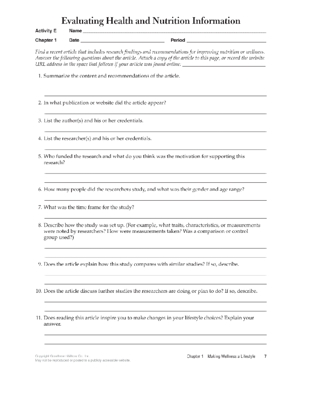 Printable Nutrition & Wellness for Life, 5th Edition, Workbook page 7 ...