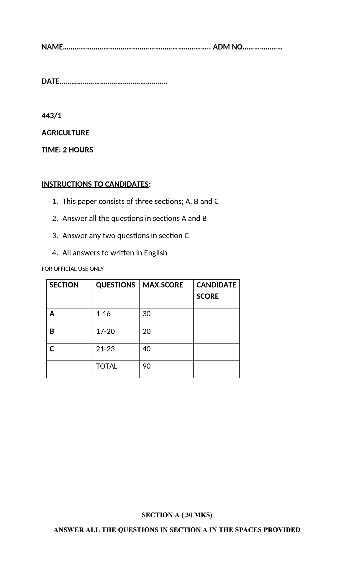 Agriculture F3T3 PP1 QS - - Studocu