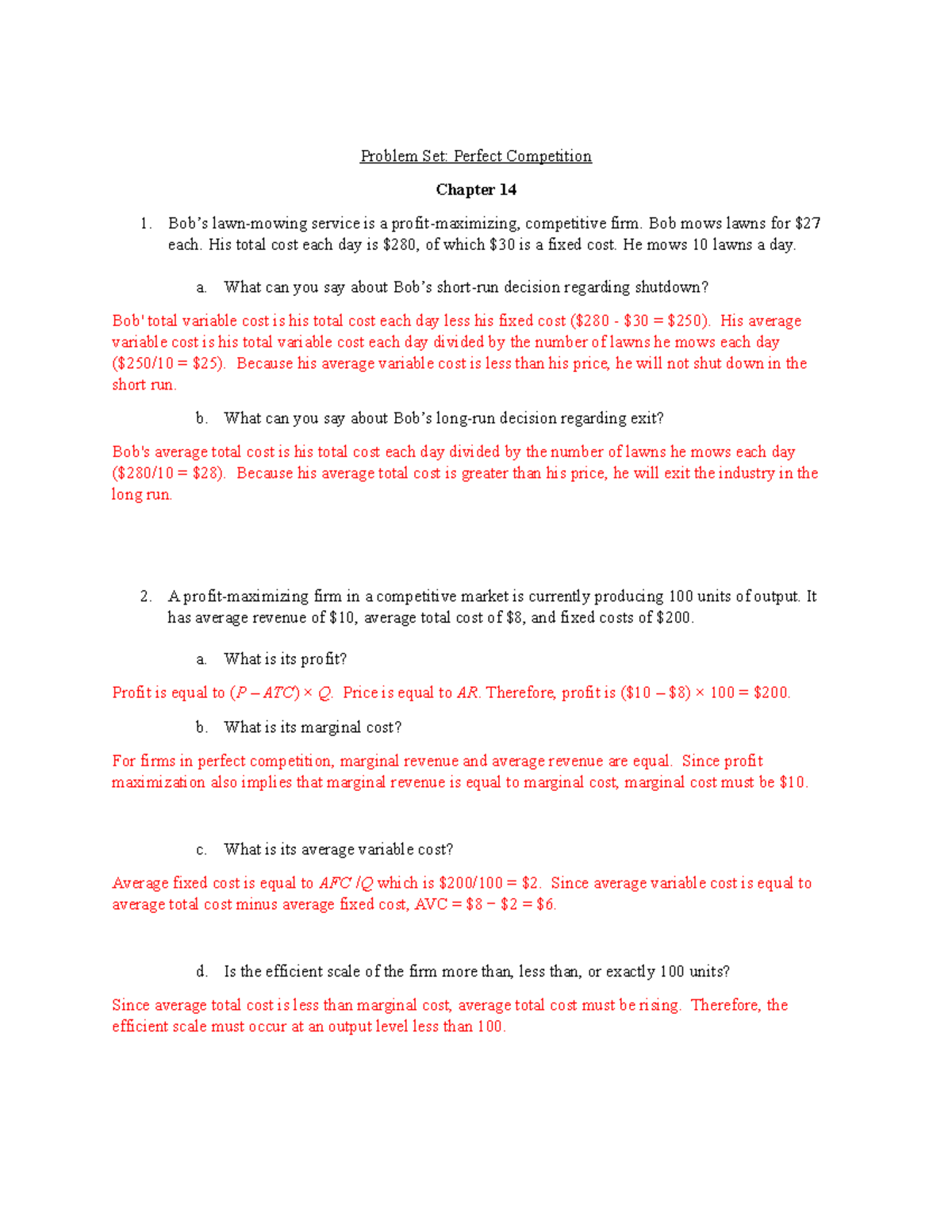 Problem Set Perfect Competition Key - Problem Set: Perfect Competition ...